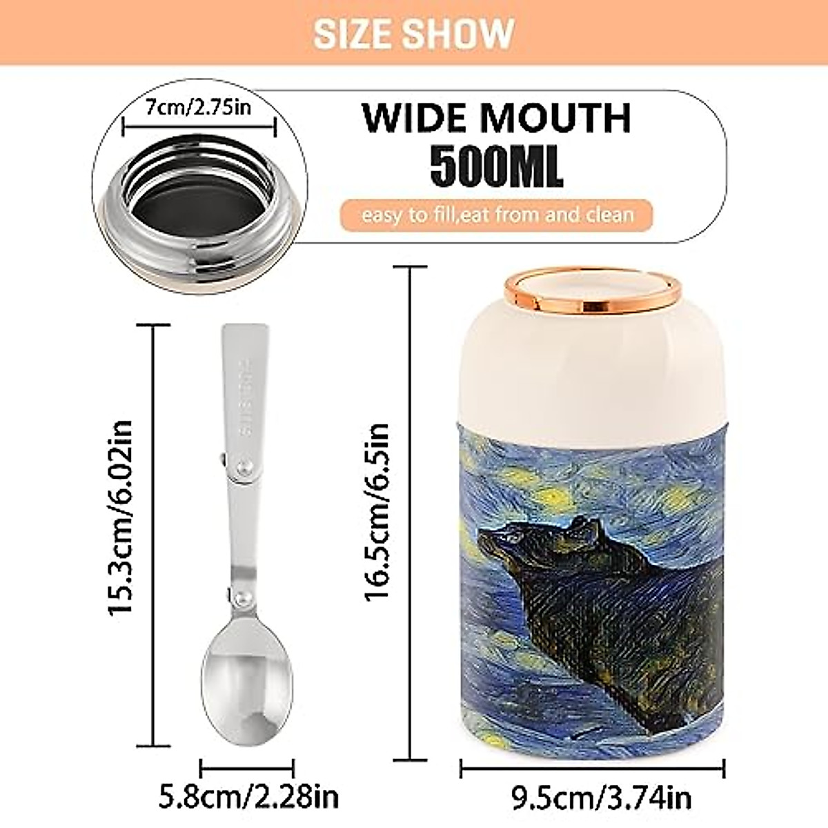 CUPADA Cat Art Funny Food Jar, Van Gogh Style Insulated Hot Food Jars Vacuum 17OZ with Folding Spoon for Work Trip Picnic Camping