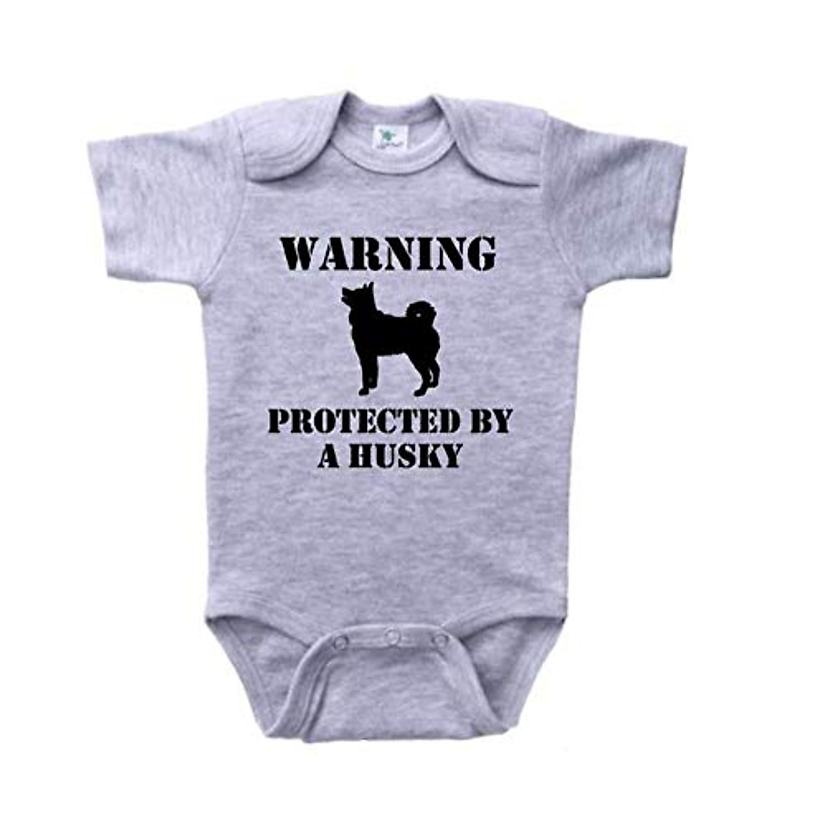 Warning Protected by A Husky/Trendy Dog Onesie for Babies (0-3M, Grey SS (Black Text))