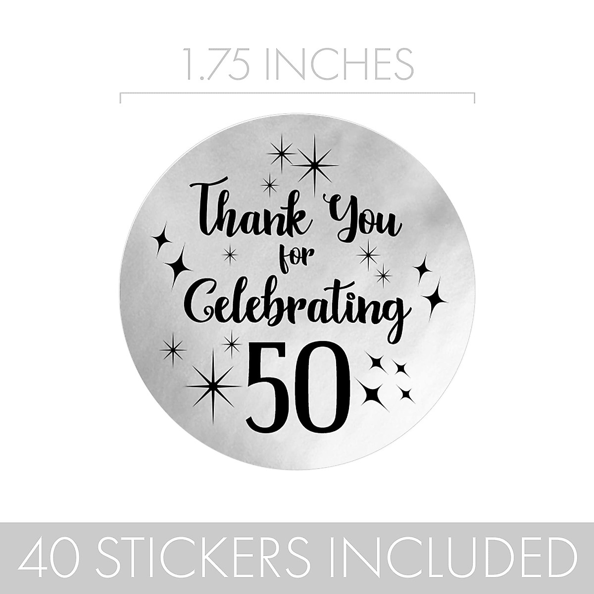 Black and Silver 50th Birthday Thank You Stickers - 1.75 in - 40 Labels