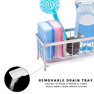 Biomoty Kitchen Countertop Sponge Holder, 304 Stainless Steel Kitchen Sink Organizers for Cleaning Tools, Dish Soap Organizer for Kitchen, Sink Scrubber Brush Caddy Holder with Removable Drain Tray