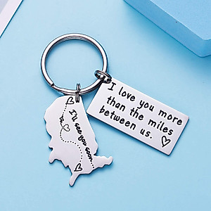 LParkin Miss You Gifts for Women Men Her I Love You More Than The Miles Between Us Long Distance Relationship Boyfriend Girlfriend Just Because Gifts for Women State Keychain