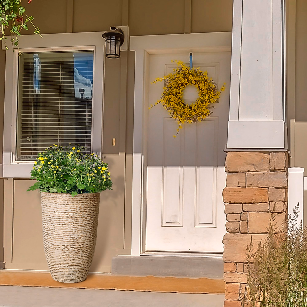 KOL 2-Pack 21in. Tall Plastic Planter - Large Round Tapered Plant Pots with Textured Finish - Beige Imitation Stone Looking Flower Pots for Indoor & Outdoor Plants - Lightweight and Durable