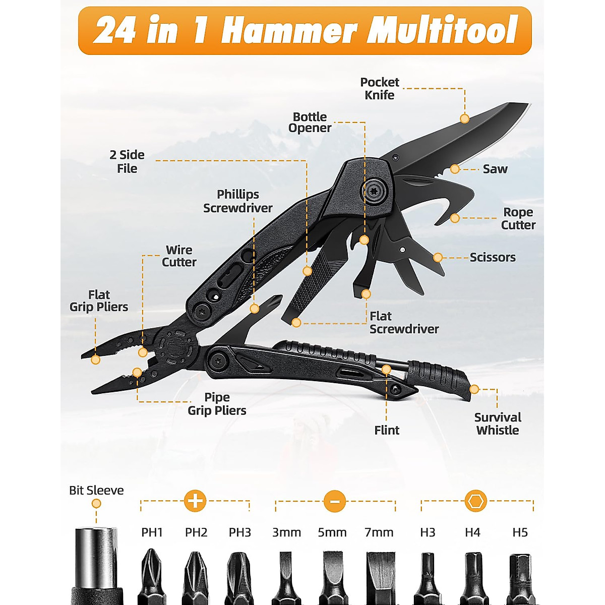 Multitool Knife, 24 in 1 Multi Tool Pocket Knives & Folding Knives with Nylon Bag Safety Lock Camping Accessories Survival Tool Pocket Knife Multi-tool for Outdoor Fishing Hiking