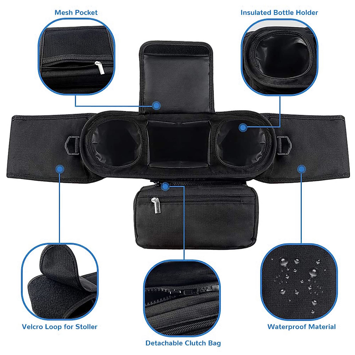 Big Hippo Stroller Organizer With Cup Holders,Durable Baby Stroller Bag with Bonus 2 Pack Stroller Hooks,Detachable Phone Bag & Shoulder Strap,Fits for Stroller like Uppababy,Baby Jogger