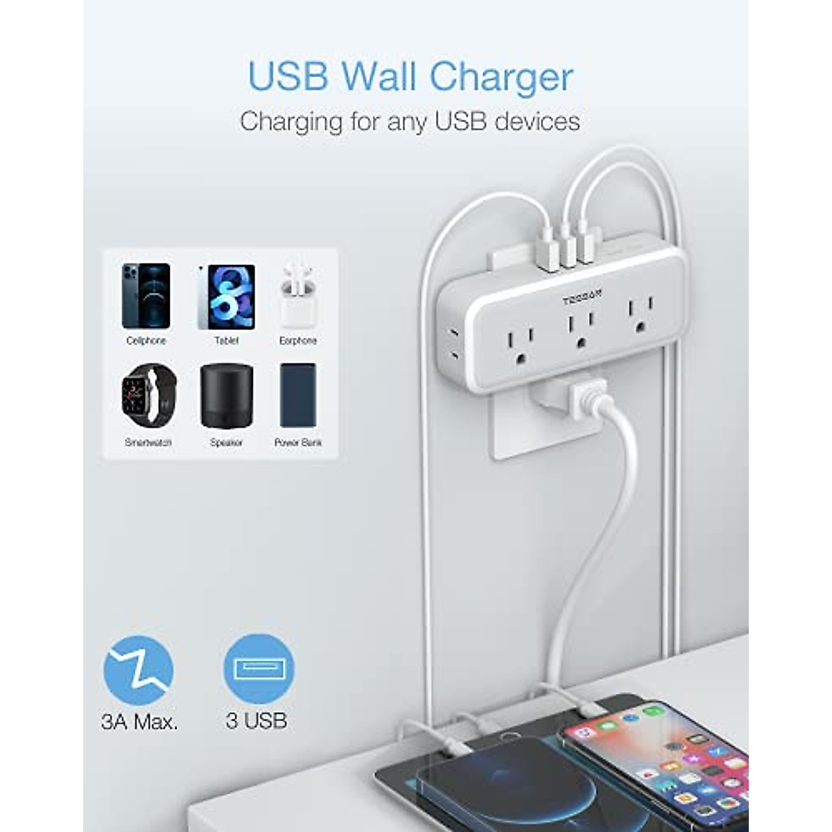 Multi Plug Outlet Splitter, TESSAN 5 AC Surge Protector Outlet Extender with 3 USB Wall Charger, Multiple Plug Expander for Home Office Dorm Room Essentials