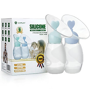 Amplim Gen 2 Manual Breast Pump/Collector for Breastfeeding with Stopper (2-Pack 4 oz/100ml) Food Grade Silicone BPA PVC and Phthalate Free (Blue + Green)