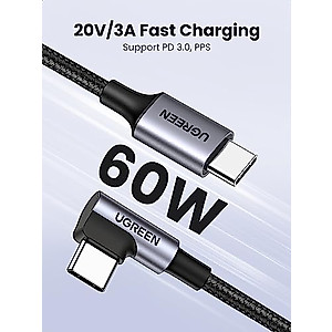 UGREEN 60W USB C to USB C Cable Right Angle USB C Fast Charging Cable Compatible with MacBook Pro/Air, iPad Pro/Mini/Air, Samsung Galaxy S23/S22/Z Fold/Z Flip, Google Pixel, Switch, etc. 3.3FT