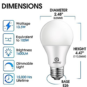 Energetic 12-Pack A19 LED Bulb 100W Natural White 4000K Dimmable Light Bulbs, 13.5W 1600lm CRI80+, 15000Hrs, UL Listed