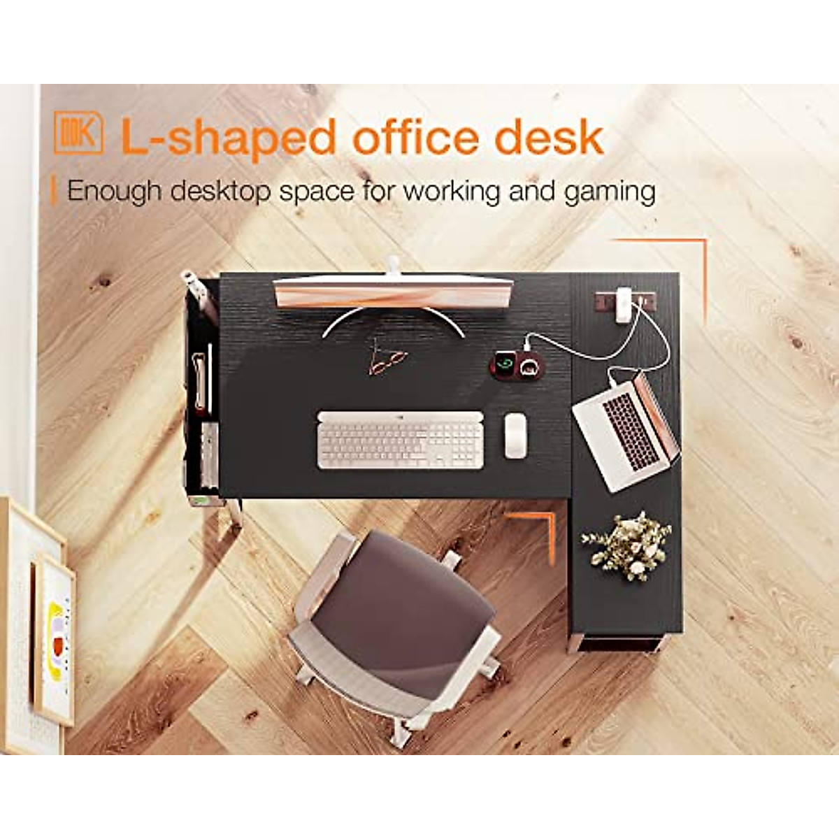 ODK 40 Inch Small L Shaped Gaming Computer Desk with Power Outlets, Reversible Storage Shelves & PC Stand for Home Office, Simple Writing Study Table with Storage Bag for Small Space, Black