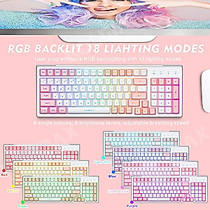CK98 Wireless Gaming Keyboard and Mouse Combo,Rechargeable RGB White Gaming Keyboard RGB Backlit 98 Keys Mechanical Feeling Dual Color Keyboard and Gaming Mouse 3200DPI for PC Mac Gamers(WhitePink)