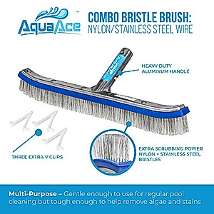 AquaAce Premium Combo Nylon and Stainless Steel Wire Bristle Pool Brush, Mixed Bristles for Extra Scrubbing Power, Three Extra V Clips, Not for Above Ground or Vinyl Pools
