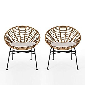 Great Deal Furniture Yilia Outdoor Wicker Dining Chairs with Cushions (Set of 2), Light Brown and Beige