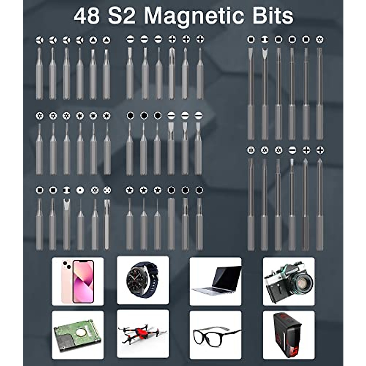 Housolution Mini Electric Screwdriver, 62 In 1 Magnetic Screwdriver with 48PCs Bits Small Cordless Electric Screwdriver Kit With Led Light, Handy Repair Tool for Phone Watch Camera Laptop, Gray