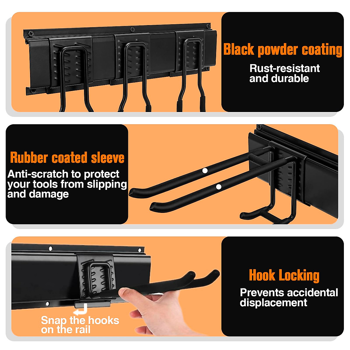 Tool Storage Rack - Garage Tool Organizer Wall Mount, 13Pcs Heavy Duty Garden Tool Organizer with 4 Rails & 9 Hooks for Garage Garden Shed Yard, 64in Adjustable Garage Storage Rack, Max Load 600 Lb