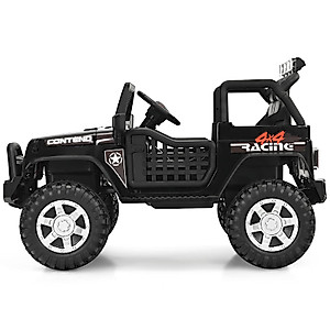 Costzon 2-Seater Ride on Truck, 12V Battery Powered Electric Vehicle w/Remote Control, 2 Speeds, Spring Suspension, LED Light, Horn, Music/ MP3, 2 Doors Open, Ride on Car for Kids (Black)