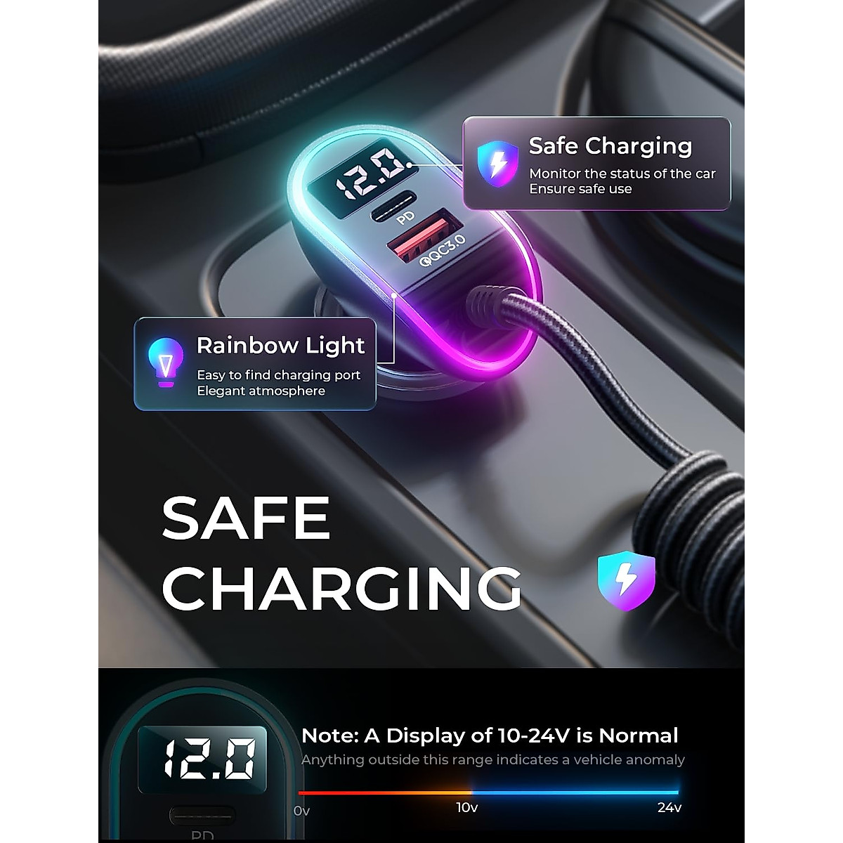 LISEN USB C 96W Super Fast Car Charger PD& QC3.0 with 5.3ft 36W Type C Coiled Cable,Car Phone Charger Adapter for iPhone 15 Pro Max Plus, Samsung Galaxy S24/S23/S22,Android, iPad Pro