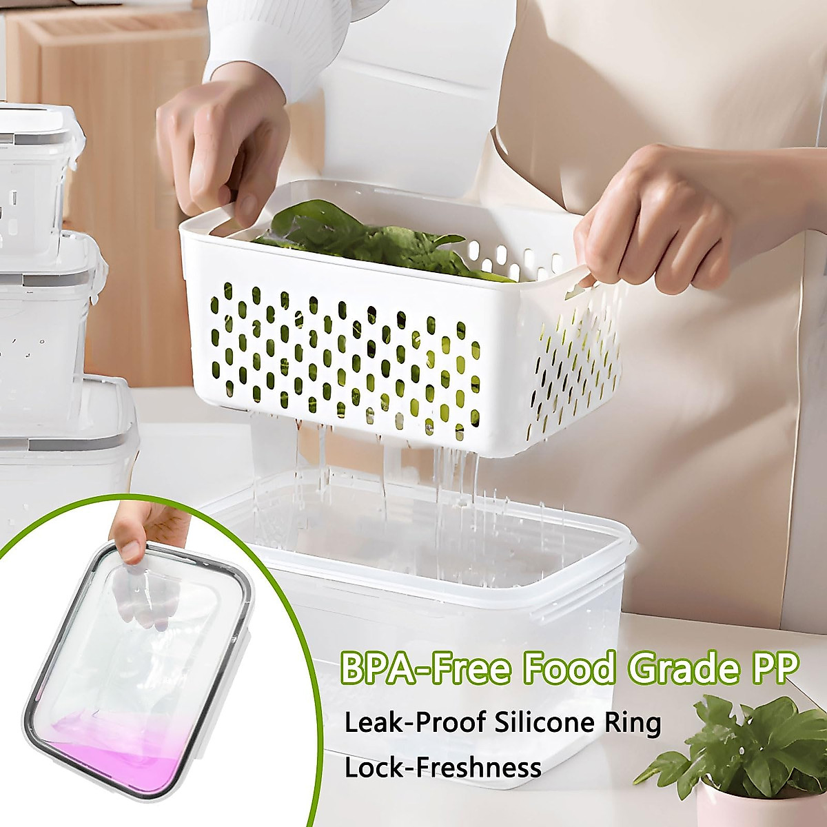 Xiureim 3 Pack Fruit Storage Containers for Fridge with Colanders, 4 in 1 Produce Saver Storage Containers, Airtight Food Storage Containers with Lids for Salad Berry Lettuce Vegetables Meat Keeper