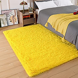 Amearea Premium Soft Fluffy Rug Modern Shag Carpet, 4x5.3 Feet, Fuzzy Shaggy Rugs for Bedroom Living Room Teen Apartment Decor, Comfortable Indoor Furry Dorm Carpets, Yellow