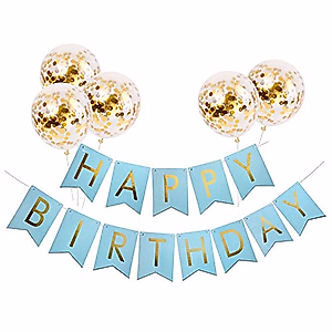 Tellpet Light Blue HAPPY BIRTHDAY Banner with 5 pcs Gold Confetti Balloons