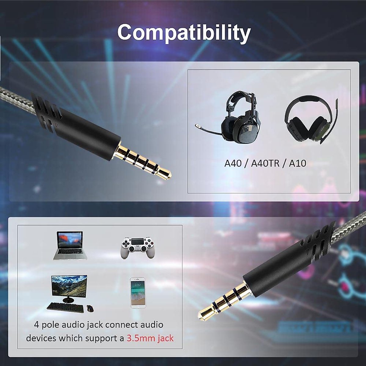 QJYTH Replacement A40 Cord Compatible with Astro A40 Headset, A40 Inline Mute Audio Cable for Astro A10/A40/A40TR Gaming Headset, Compatible with PS5/PS4 Controller(6.5 Feet, Gray)