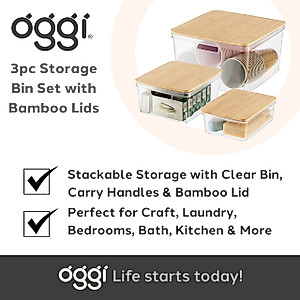 OGGI Clear Stackable Storage Bin with Bamboo Lid, Set of 3 - Ideal for Kitchen, Pantry, Cabinet, Bathroom, Bedroom, Kids, Refrigerator. With Handles & Lid - Organizer for Snacks, Toys, Crafts