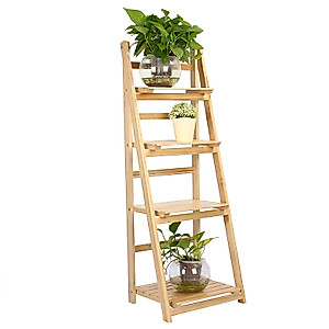 Qcwwy Practical and 4 Tier Ladder Shelving - Foldable Storage Rack for Home Bookcase Stand (Log Color), Qcwwyrodt0vns36-03