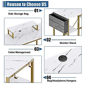 Lulive L Shaped Desk, 95" Reversible Corner Computer Desk with Shelves, Monitor Stand, Storage Bag, Hooks, 2 Person Long Desk for Home Office Writing Study Workstation (White Faux Marble)