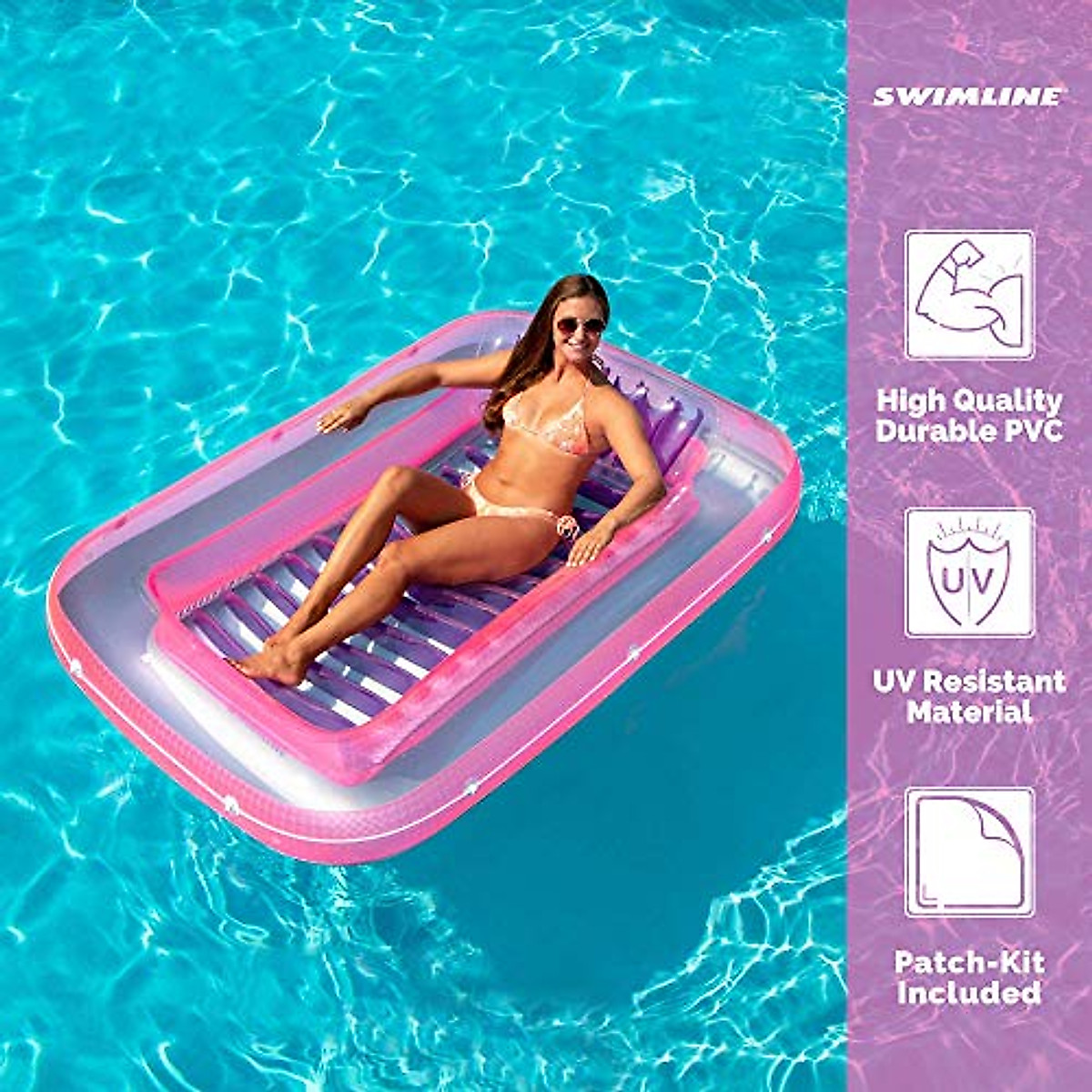 SWIMLINE ORIGINAL Suntan Tub Classic Edition Inflatable Floating Lounger Pink & Purple, Tanning Pool Hybrid Lounge, Oversized Pillow, Fill With Water, Reflective Design For Tanning and Outdoors