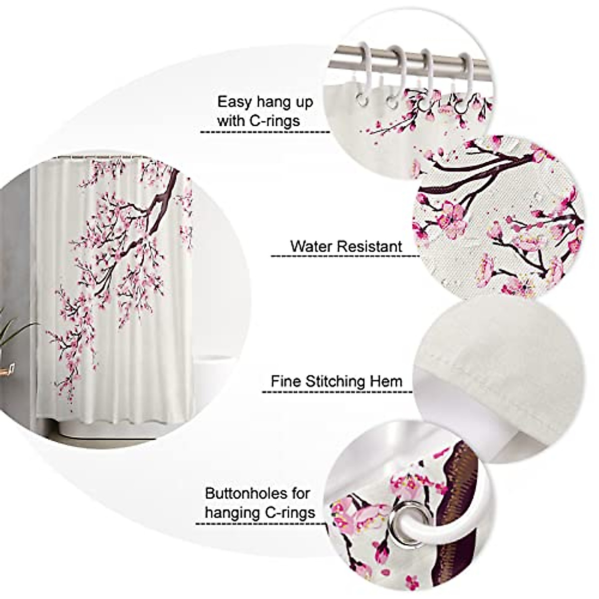 Blooming Cherry Tree Shower Curtains for Bathroom Decoartion, Waterproof Cloth Shower Curtains Durable Bath Curtain for Showers Bathtubs Pink Floral Rustic Burlap Backdrop 36x72 IN Hooks Included