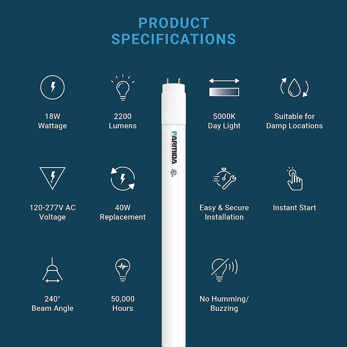 PARMIDA 20-Pack 4FT LED T8 Hybrid Type A+B Light Tube, 18W, Plug & Play or Ballast Bypass, Single-Ended OR Double-Ended Connection, 2200lm, Frosted Cover, T8 T10 T12, UL - 5000K