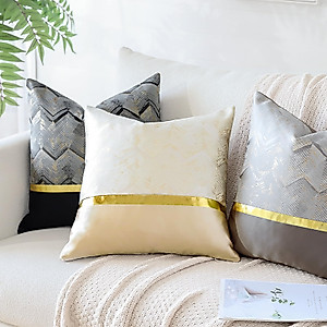 OTOSTAR Set of 2 Throw Pillow Covers for Bed Couch Sofa Car Decor Luxury Modern Minimalist Gold Leather Stitching Wavy Stripes Square Pillowcase Cushion Cover Black, 16x16 Inch