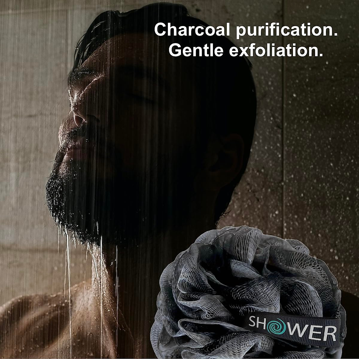 Loofah-Charcoal Back-Scrubbers 2-Pack-by-Shower-Bouquet: Long-Handle Bath-Sponge-Brushes with Extra Large Soft Mesh for Men & Women - Exfoliate with Full Pure Cleanse in Bathing Accessories