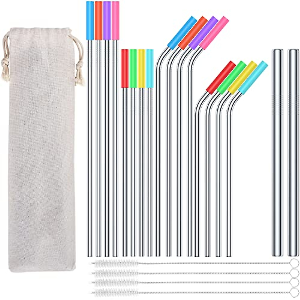 18-Pack Reusable Stainless Steel Straws with Soft Silicone Tips, Urekt 8.5" and 10.5" Long Metal Drinking Straw Set with 2pcs 0.4“ Extra Wide Boba Straws, 4 Cleaning Brushes Included