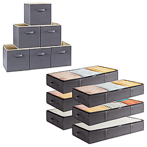 Lifewit 6 Packs 11 Inch Storage Cubes Foldable Fabric Bins and 6 Packs 75L Under Bed Storage Containers with Reinforced Handle Thick Fabric for Comforters, Blankets, Bedding, Grey