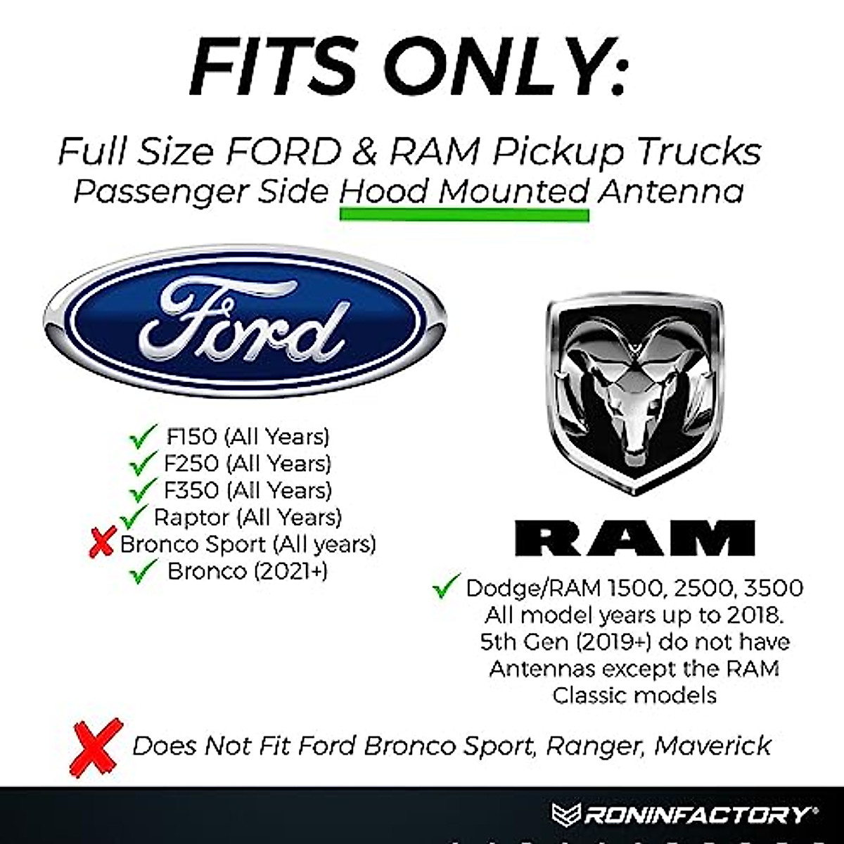 Ronin Factory 50 Cal Bullet Antenna for Ford F-150, F-250, F-350, Raptor, Bronco - Short Anti-Theft Replacement for Dodge RAM 1500