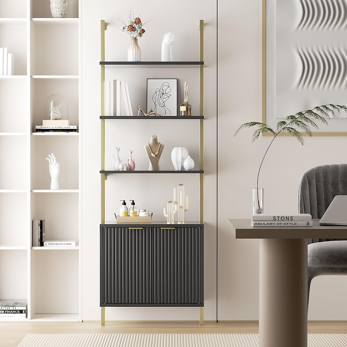 Ladder Bookshelf with Cabinet, 71" Tall Wall Mounted Bookcase with Shelves & Storage, Fluted Ladder Shelf with Metal Frame, 5-Tier Display Rack for Living Room, Home & Office, Bedroom, Black & Gold