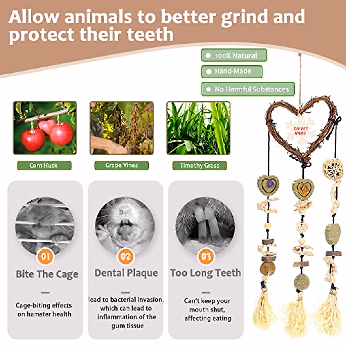 DAMPET Bunny Chew Toys， Bunny Teeth Grinding Chew Toys, Rabbit Cage Hanging Chew Toys, All Natural Materials for Guinea Pigs, Hamsters, Rabbits and Rats