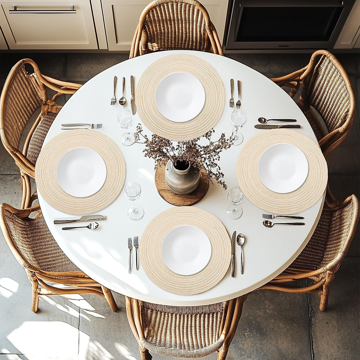 Braided Round Placemats Set of 6,Woven Washable Non-Slip Table Mats for Kitchen Dining, 14.5 Inch, Heat Resistant - Natural Fabric Indoor Outdoor Place Mats(Beige)