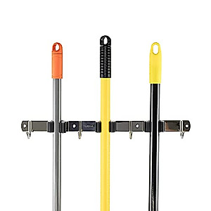 Broom Mop Holder Wall Mounted - Stainless Steel - Closet Storage Organizer For A Clean Home- Strong Heavy Duty 3m Self Adhesive Tape For Easy Installation- Utility Hooks For Everyday Tool Organization