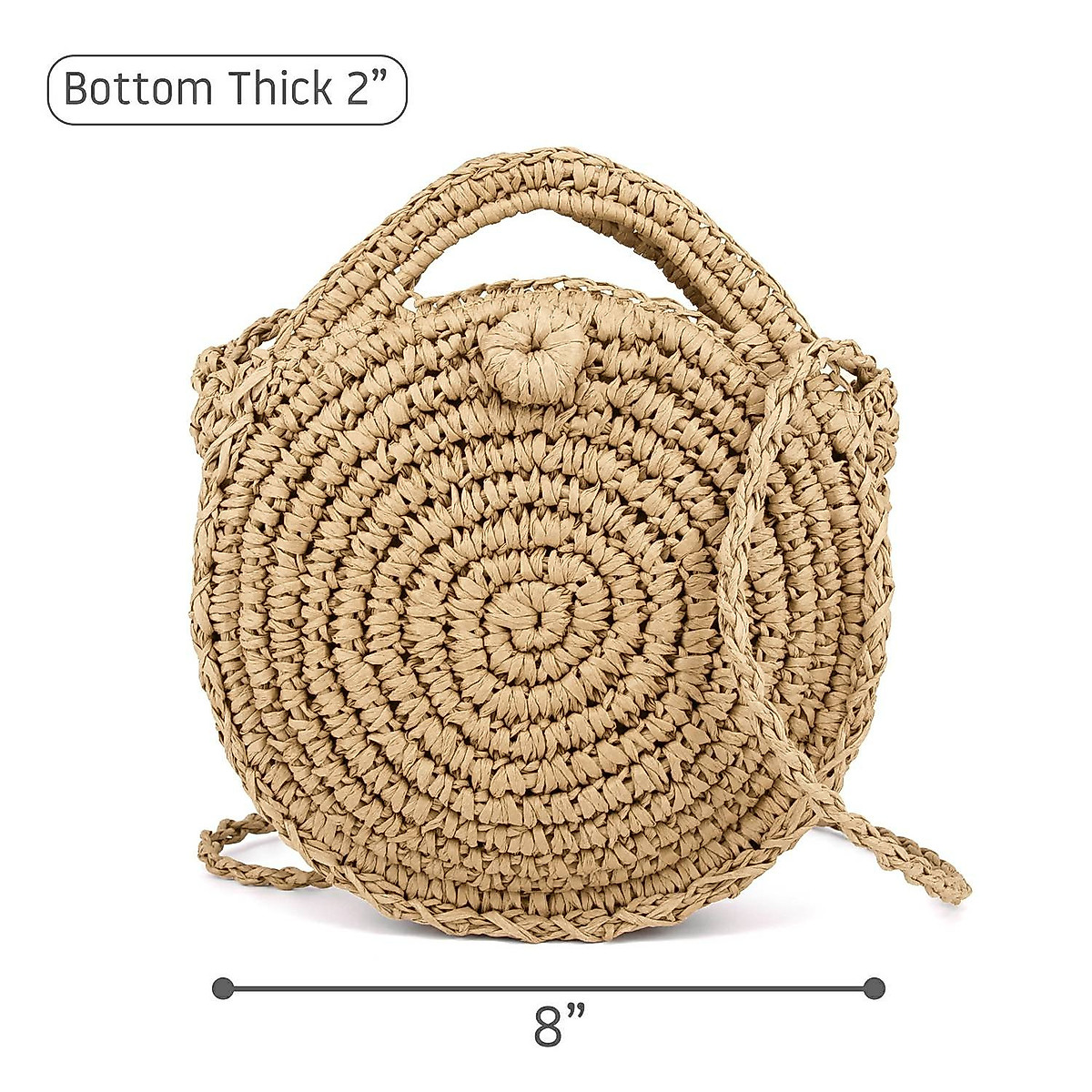 Women Round Straw Beach Bag Handwoven Summer Rattan Bag Cross Body Bag Shoulder Bag Khaki