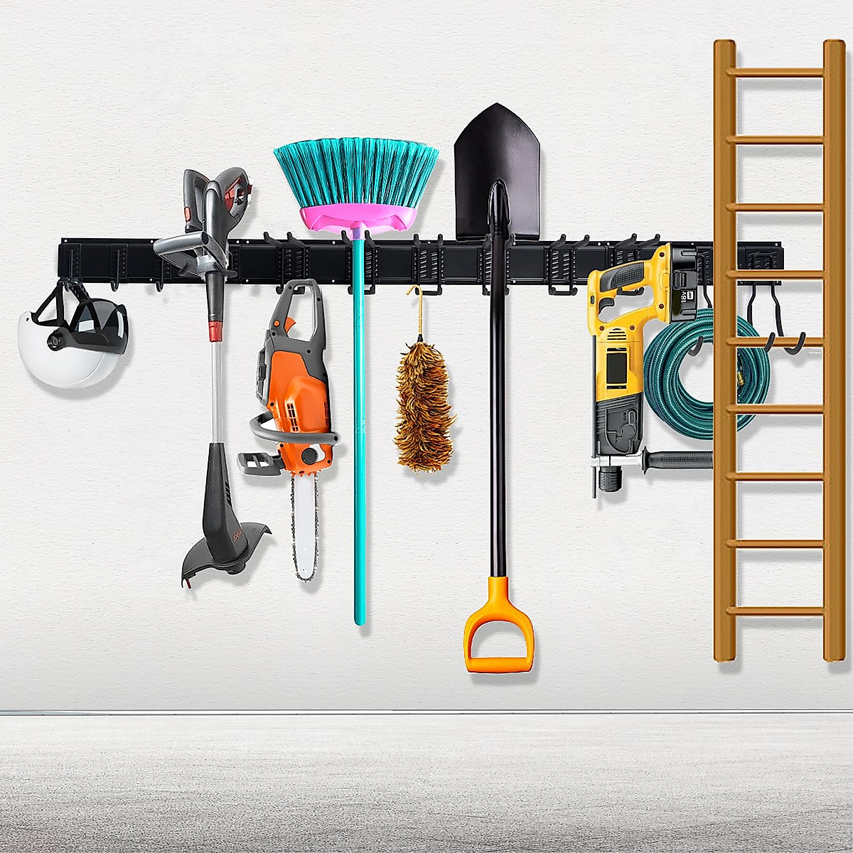 Sinoer Garage Garden Tool Organizer Wall Mount, Tool Storage Rack with 12 Hooks with 2 Straps, for Trimmers, Hoses,Garden Tools, Chairs