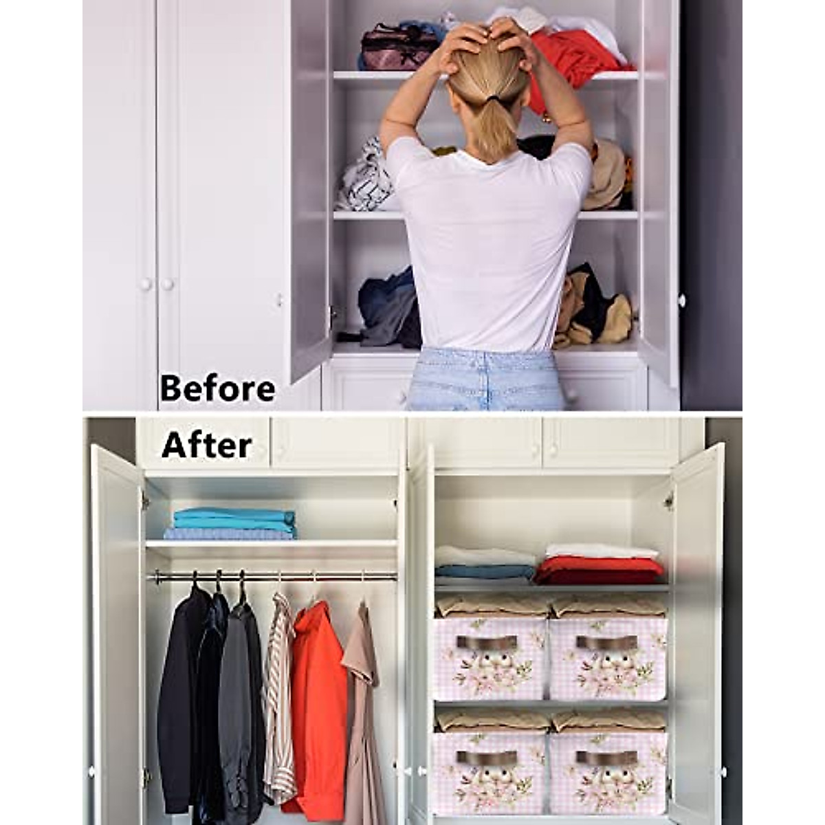 Easter Storage Bins with Handles, Bunny Spring Flowers Lop Rabbit Pink Plaid Storage Basket for Shelves, Cube Storage Organizer Bins for Toys, Closet (2 Pack, 15" x 11" x 9.5")