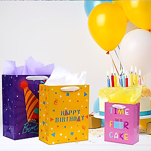 8 Pack Birthday Gift Bags Assorted Sizes (2 Extra Large 15", 3 Large 13",3 Medium 9"), Birthday Gift Bags with Ribbon Handle and Tissue Paper,Reusable and Perfect For Birthday Gift Wrapping Present