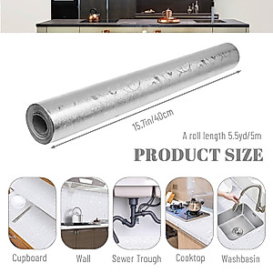 Oil Proof Kitchen Backsplash Wallpaper 15.7x196.8in/0.4x5m, Aluminum Foil Contact Paper, Peel and Stick Backsplash for Countertop, Kitchen Wall Sticker for Shelf (Silver)