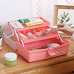 Kinsorcai 12'' Three-Layer Clear Plastic Storage Box/Tool Box, Multipurpose Organizer and Portable Handled Storage Case for Art Craft and Cosmetic (Pink)