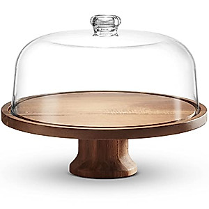 Godinger Footed Cake Plate, Acacia Wood and Shaterproof Acrylic Lid, Cake Stand with Dome