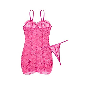 SOLY HUX Women's Sexy Heart Mesh See Through Lingerie Babydoll Sleepwear Sleeveless Ruffle Chemise Nightgown with Thong Solid Hot Pink L