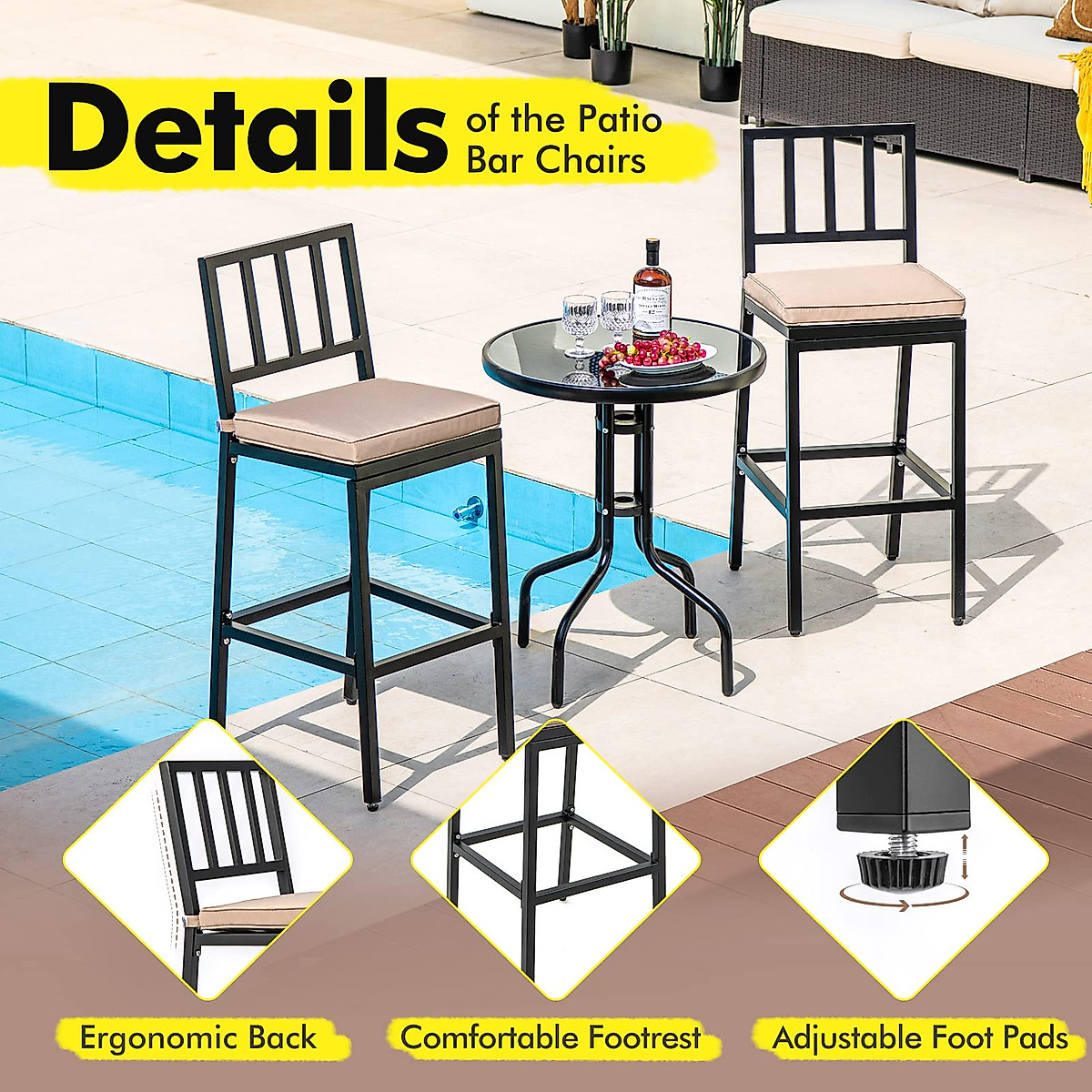 COSTWAY 4 PCS Patio Bar Chairs, Heavy-Duty Metal Frame Bar Stools, Indoor Outdoor All-Weather Resistant Barstools with Detachable Cushion & Footrest, for Patio, Garden, Poolside (4)