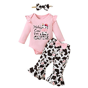 Detigee Baby Girl Cow Print Outfit Newborn Coming Home Bodysuit Baby Bell Bottom Outfit (Black,0-3 Months)
