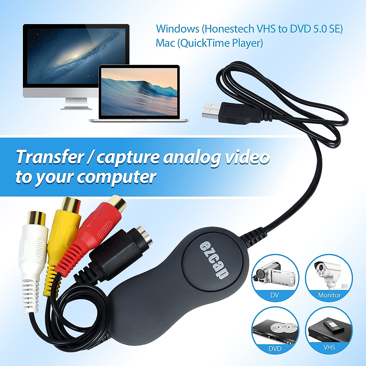 Mwin USB 2.0 Video Capture Card, VHS/VCR to Digital Converter, Digitize Analog Video for Mac or Windows, Easy VHS/VCR/TV to DVD